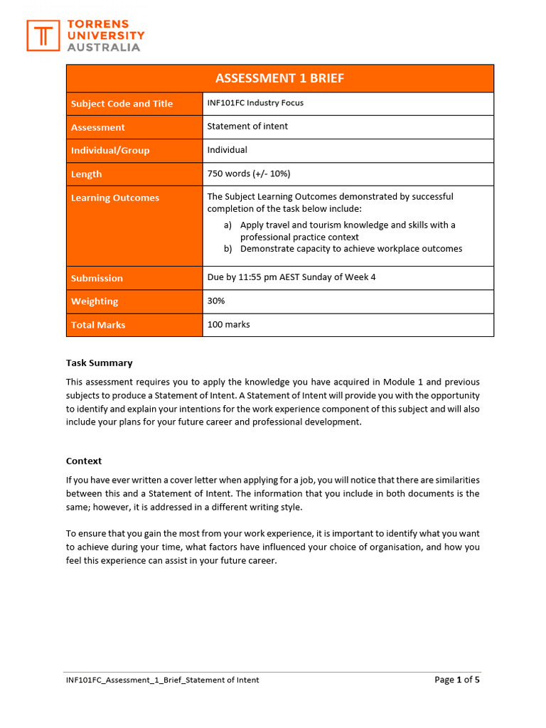 INF101FC Assessment 1 Brief | PDF | Experience | Internship