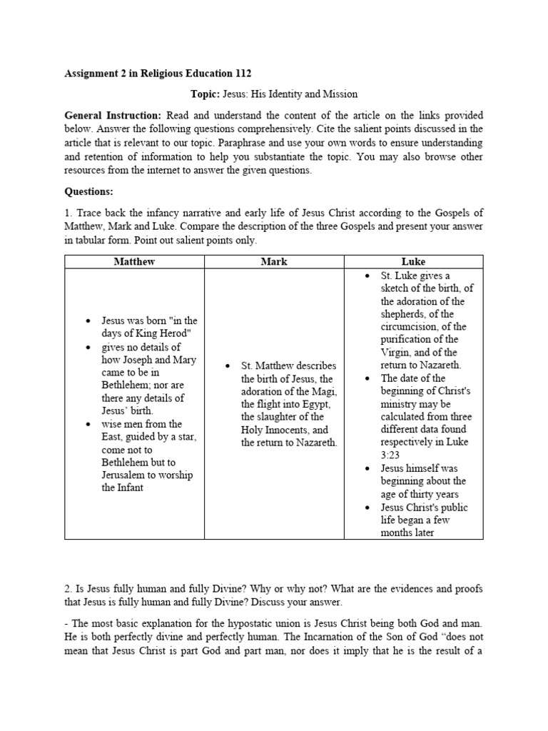 Assignment 2 in Religious Education 112 | PDF | Nativity Of Jesus | Jesus