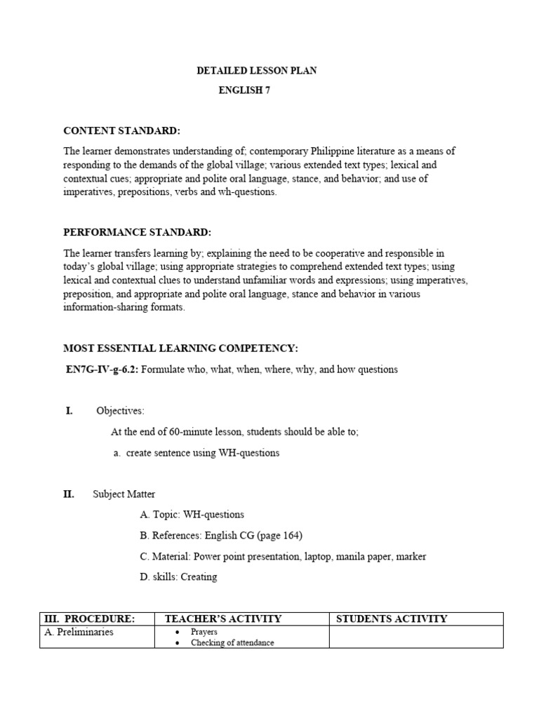 DETAILED LESSON PLAN | PDF | Question | Lesson Plan