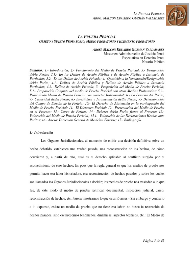 148 - La Prueba Pericial. Objeto y Sujeto Probatorio, Medio Probatorio ...