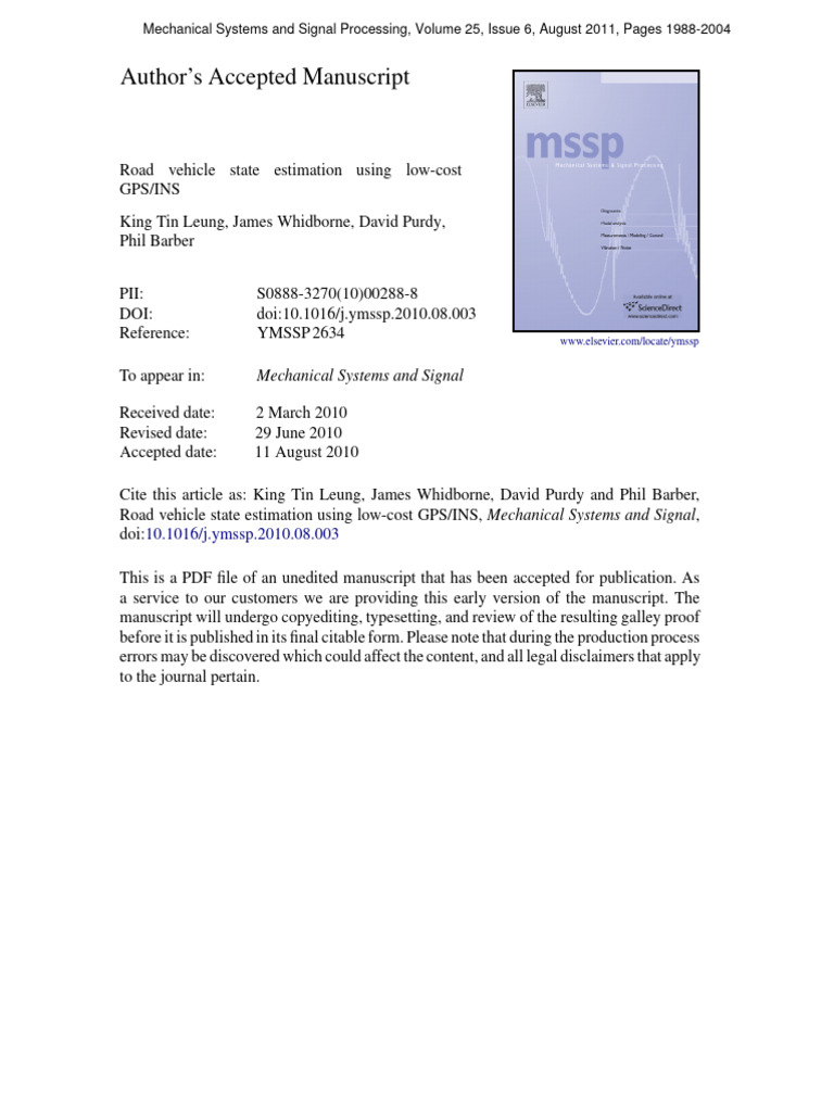 Road Vehicle State Estimation Using Low Cost Gpsins Pdf Inertial