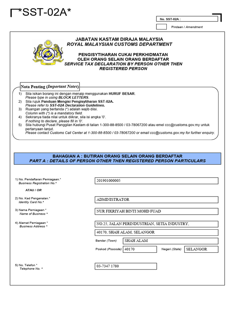 SST-02A : Jabatan Kastam Diraja Malaysia Royal Malaysian Customs Department | PDF