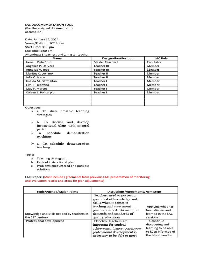 LAC-DOCUMEMENTATION-TOOL-LAC 1 | PDF | Teachers | Educational Technology