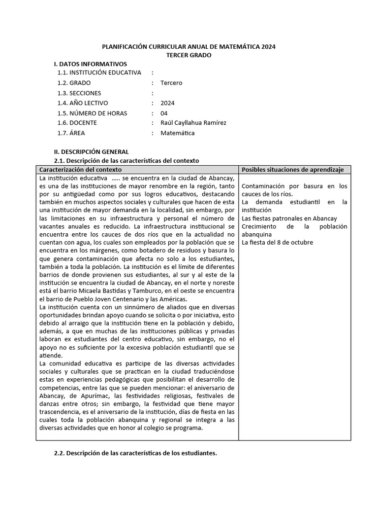 Planificación Curricular Anual De Matemática 2024 Pdf Geometría 1346