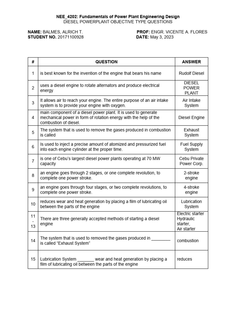 Diesel Power Plant Set of Questions | Download Free PDF | Internal ...