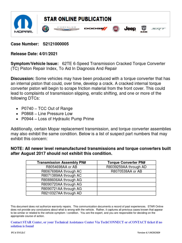 Chrysler Dodge DTC P0868 Definición - presión de línea baja MC-10193976 ...