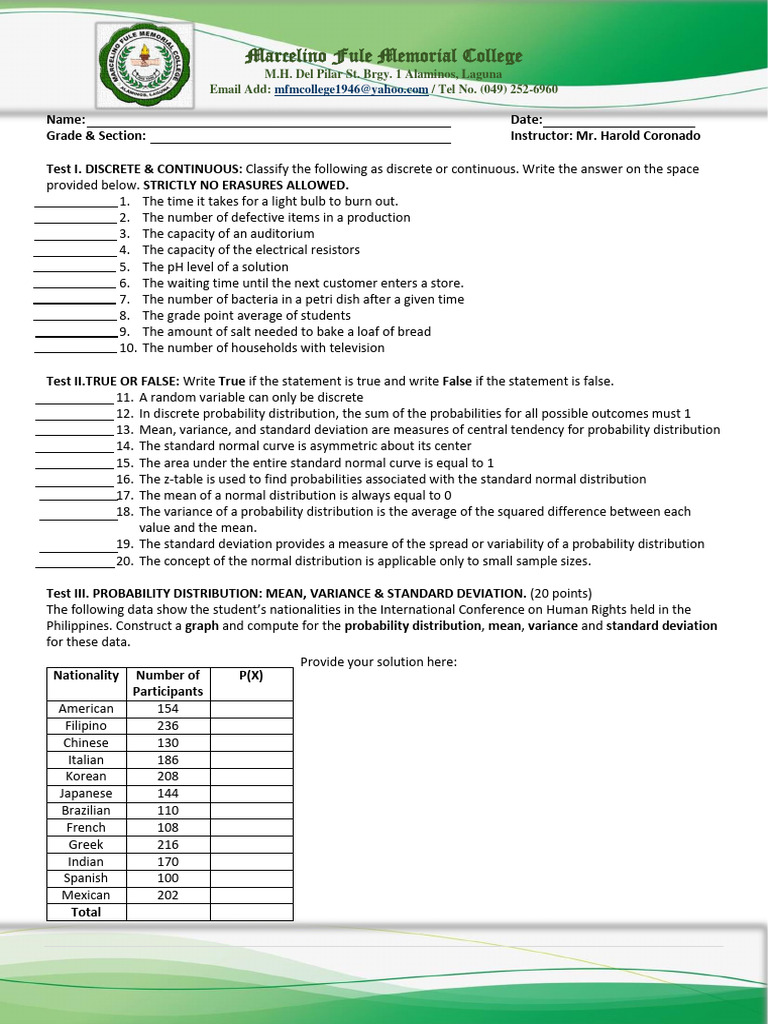STATS-PROB-Long-Test | PDF | Normal Distribution | Probability Distribution