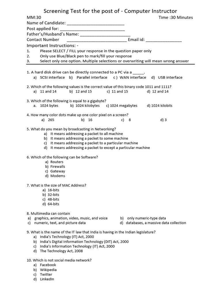 Screening Test For The Post of Computer-Q PAPER | Download Free PDF ...