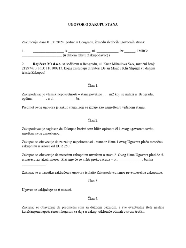 Ugovor o Zakupu Stana - 22.03.2024. | PDF