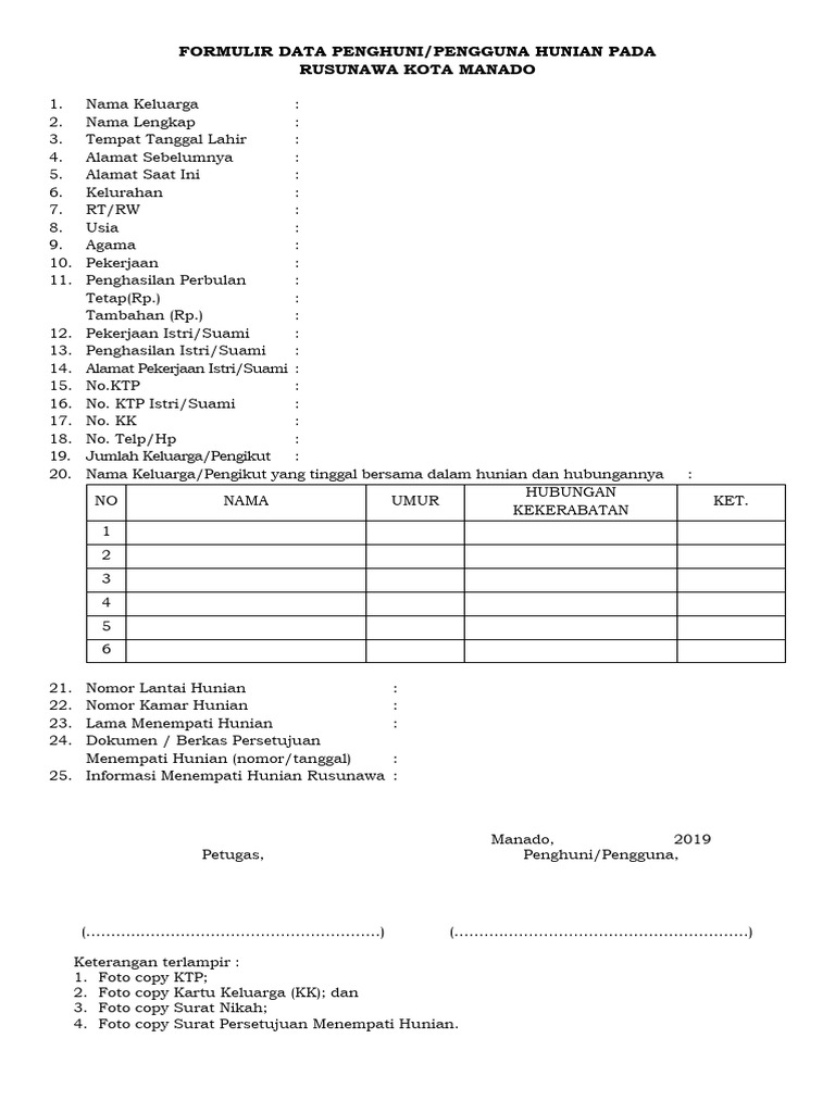 Formulir Data Penghuni Rusunawa Manado | PDF | Politik | Hukum