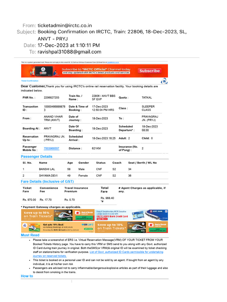 Booking Confirmation On IRCTC, Train: 22806, 18-Dec-2023, SL, ANVT ...