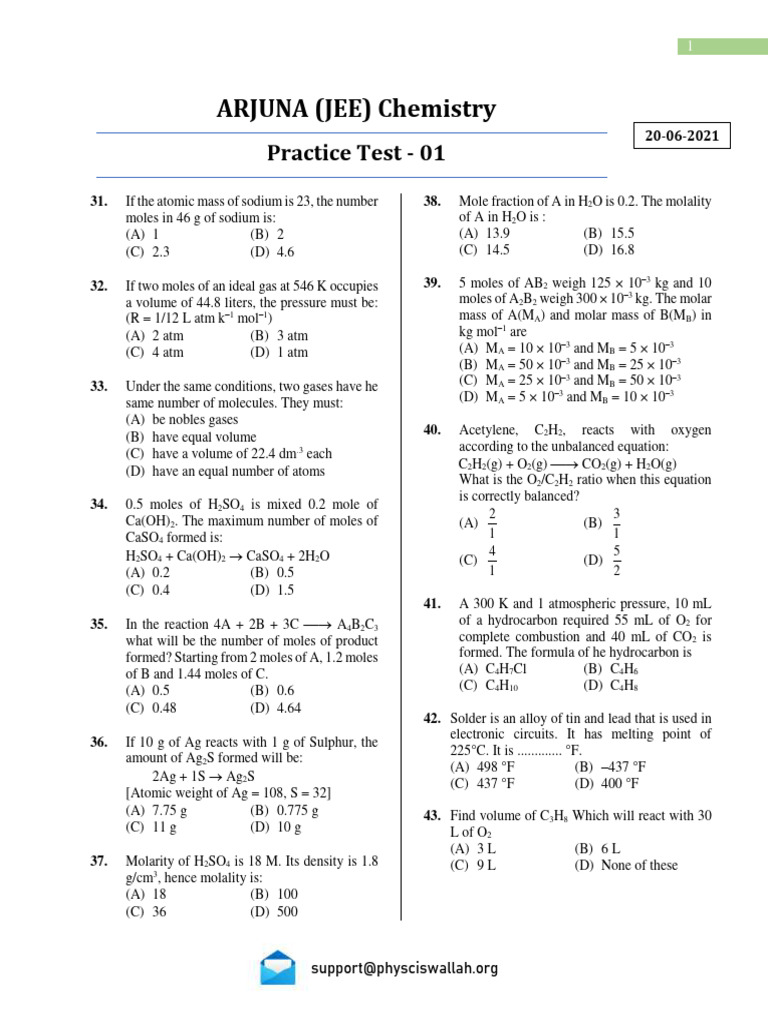 Arjuna JEE Main Test 01 - Chemistry | PDF | Mole (Unit) | Gases