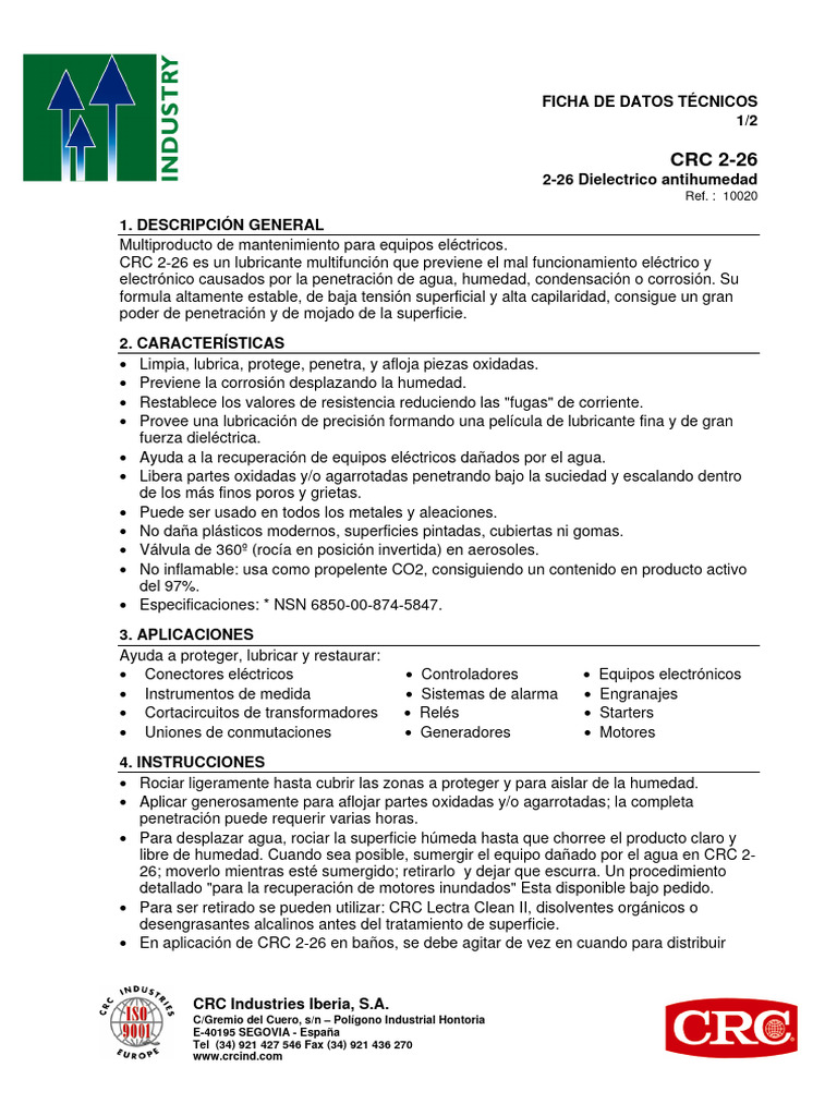 Lubricante Dieléctrico CRC 2-26 Antihumedad | PDF | Corrosión | Lubricante