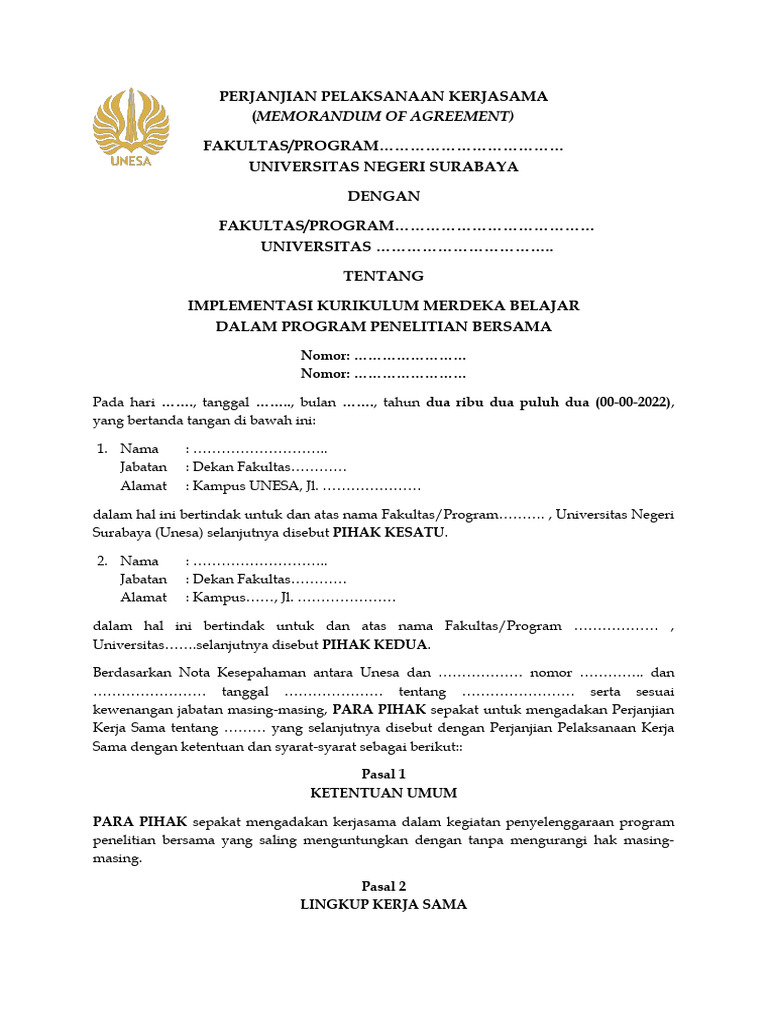 DRAF CONTOH MoA PENELITIAN | PDF