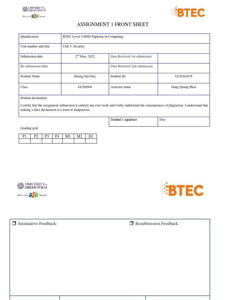 1 - Unit 5 - Assignment 1 Frontsheet - Hoang Hai Duy | Download Free PDF | Security | Computer ...