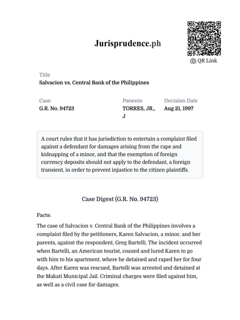 SECRECY of FOREIGN DEPOSIT - Case Digest - G.R. No. 94723 - Salvacion vs. Central Bank of The ...