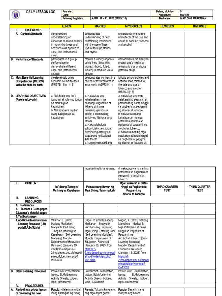 DLL G5 Mapeh Q3 W10 | PDF
