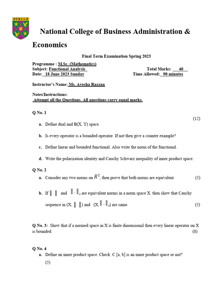 M.Sc. Functional Analysis Exam Paper | PDF | Teaching Methods & Materials