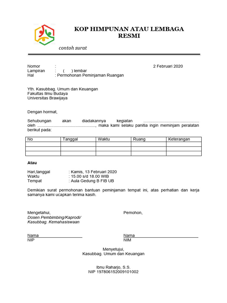 Form Peminjaman Aula Ruangan Fib Ub | PDF