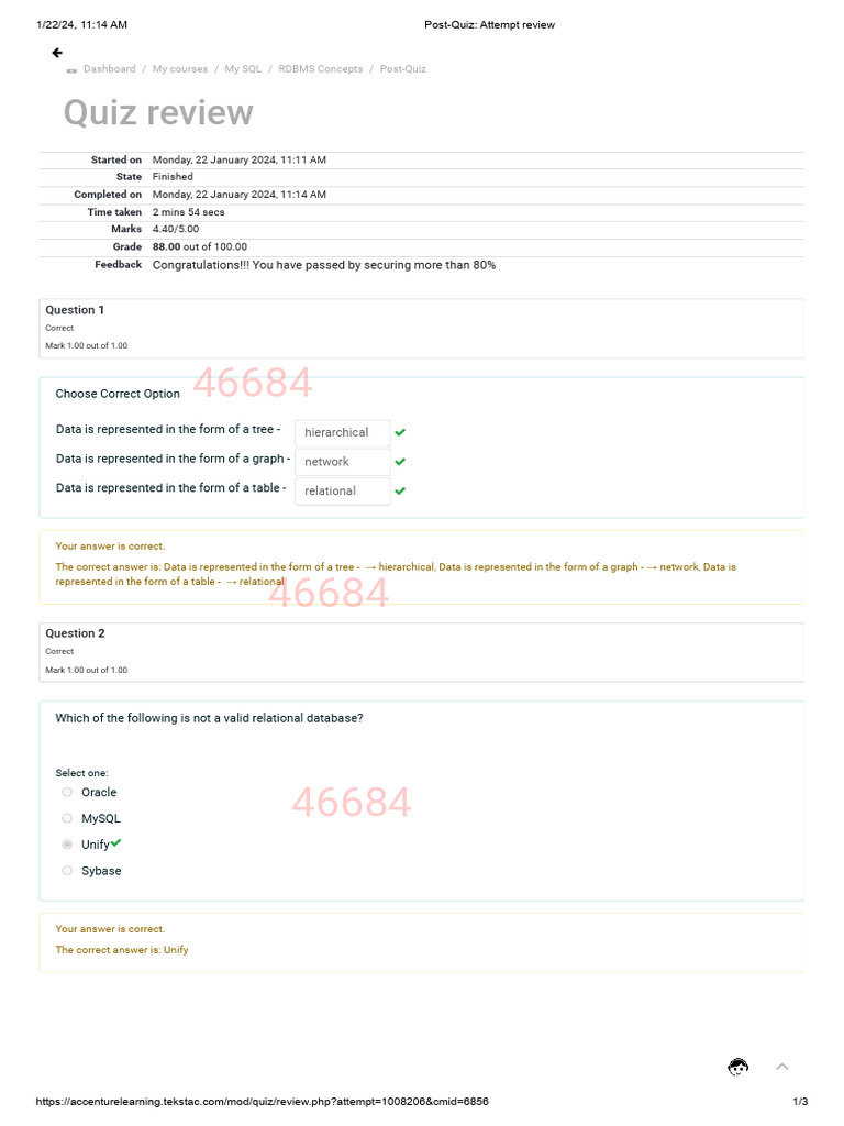 Post-Quiz - Attempt Review | PDF | Relational Database | Table (Database)