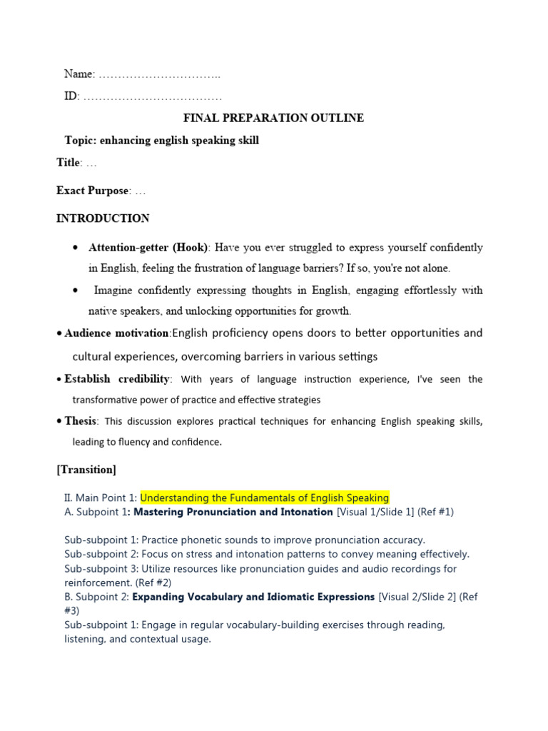 (Template) Final Preparation Outline 1 | PDF | Fluency | English Language