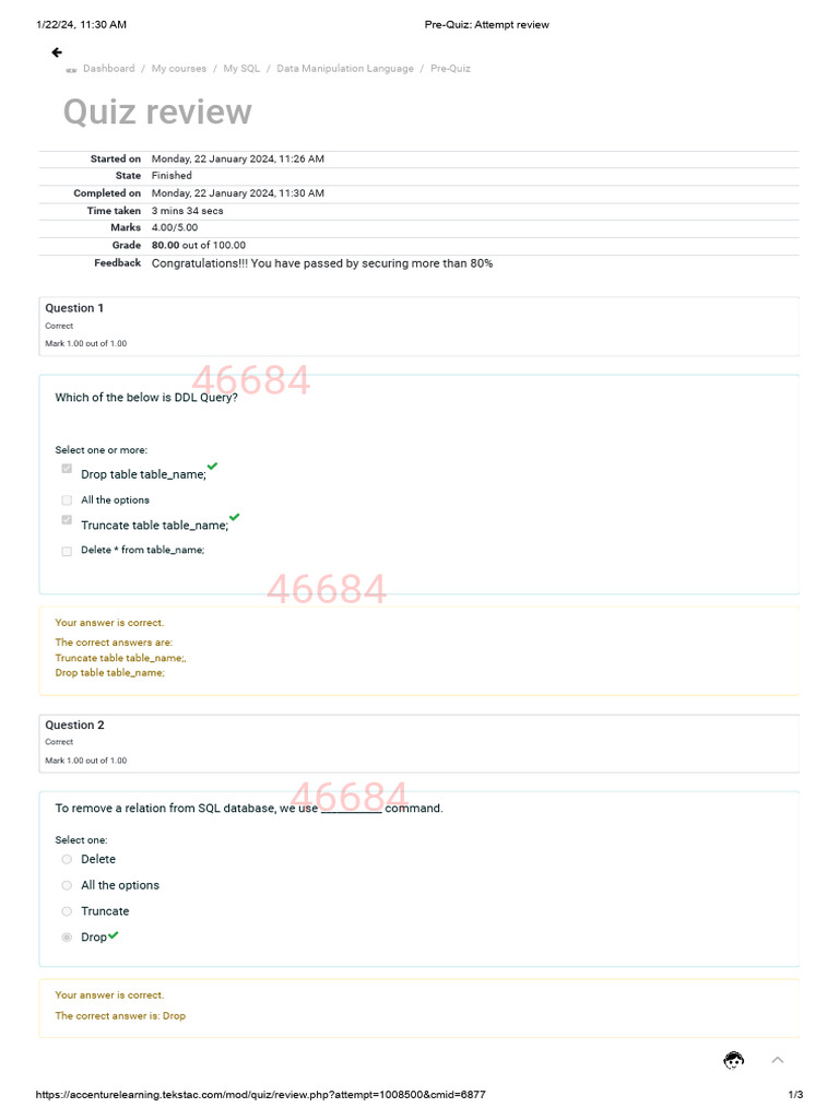 Pre-Quiz - Attempt Review DML | PDF | Data Model | Computer Programming Pre-Quiz - Attempt Review DML | PDF | Data Model | Computer Programming