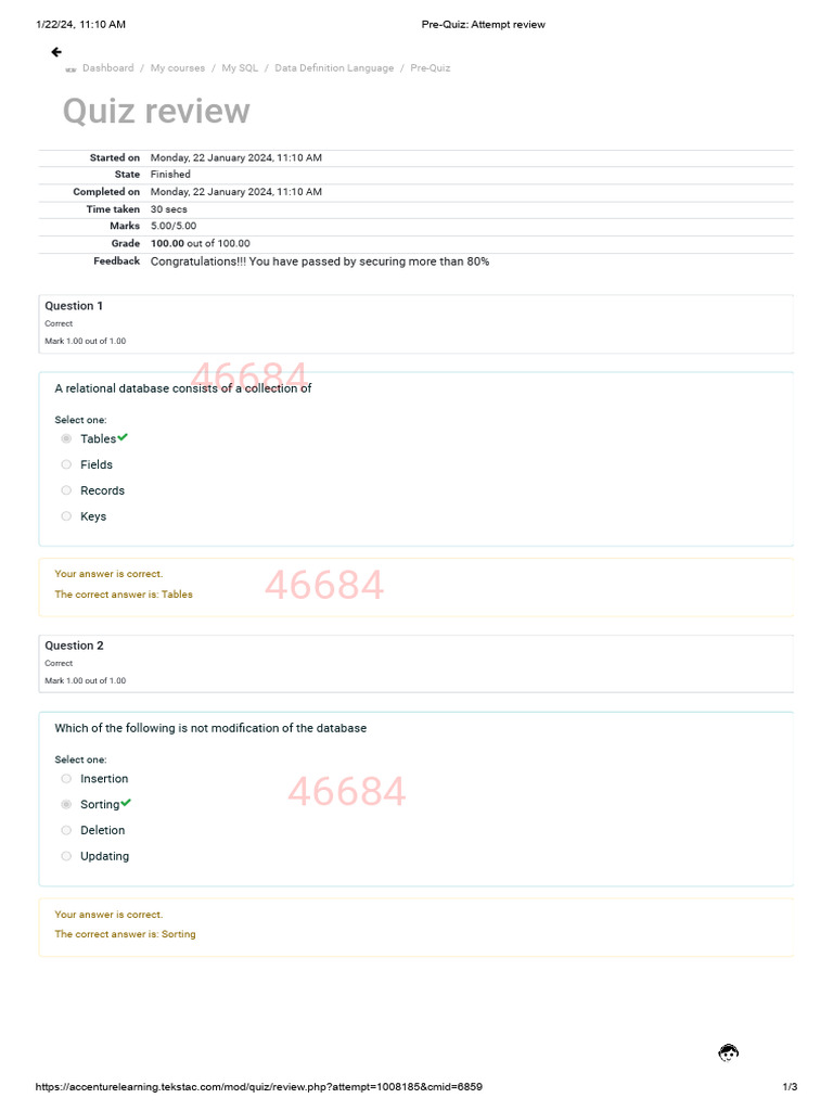 Pre-Quiz - Attempt Review DDL | PDF | Relational Database | Data Management
