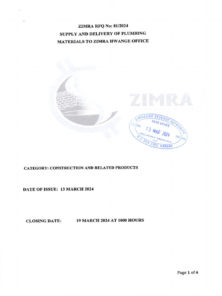 Rfq81a of 2024 Supply and Delivery of Plumbing Materials For Zimra ...