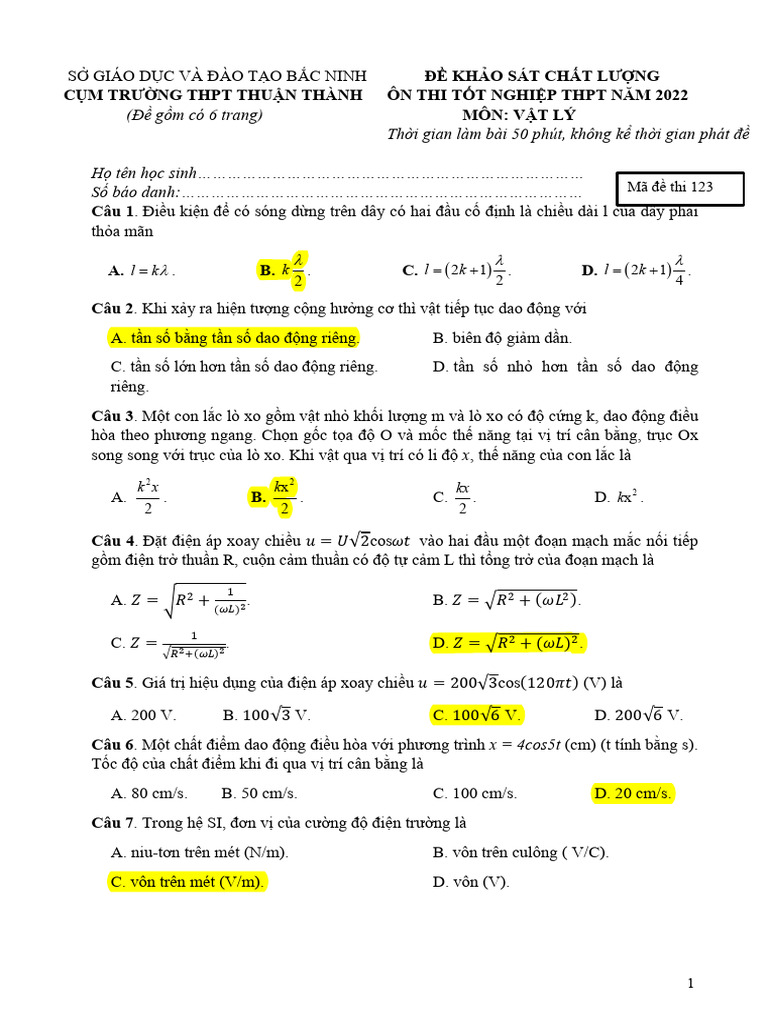 De Thi Thu Tot Nghiep THPT 2022 Mon Vat Ly Cum Truong THPT Thuan Thanh Bac Ninh | PDF