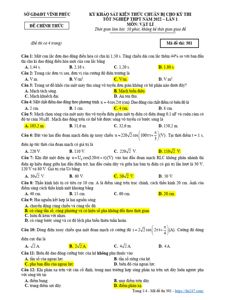 De Thi Thu Tot Nghiep THPT 2022 Mon Vat Li Lan 1 So GDDT Vinh Phuc | PDF