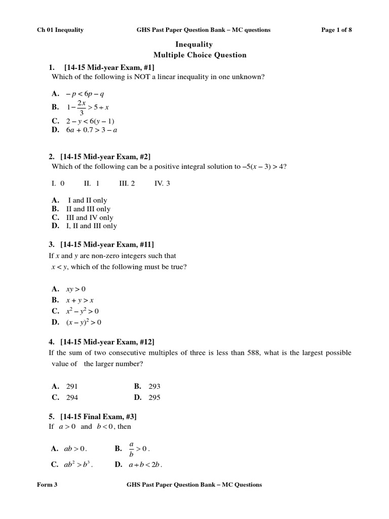 (14-19) 3A-Ch.1-Linear Inequalities in 1 Unknown - MC | PDF ...