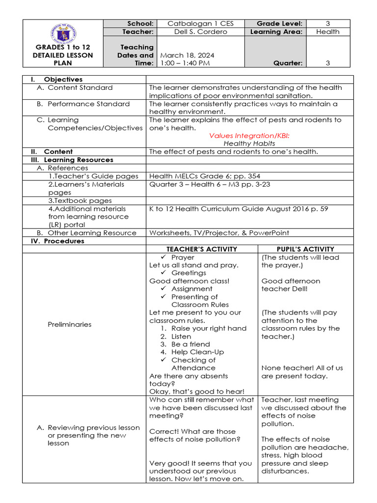 Grade 3 Health Lesson Plan: Pests & Health | PDF | Pest (Organism ...
