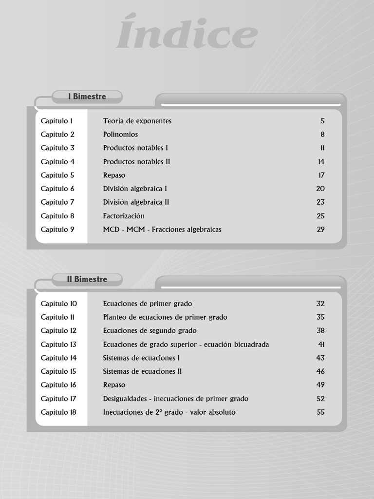 Algebra Indice | PDF | Ecuaciones | Matemática Elemental