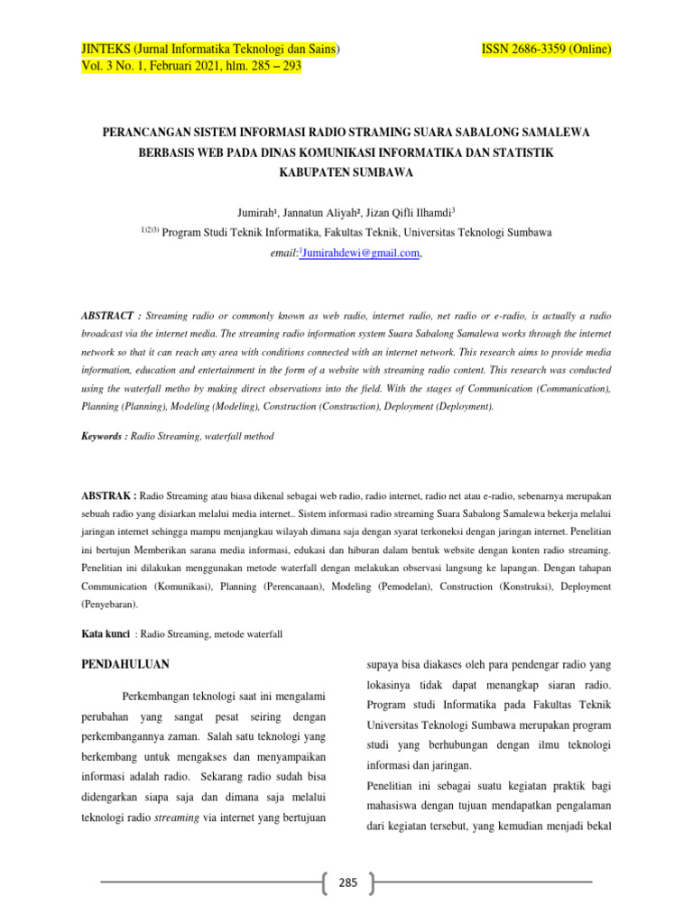 JINTEKS (Jurnal Informatika Teknologi Dan Sains) ISSN 2686-3359 (Online) Vol. 3 No. 1, Februari ...