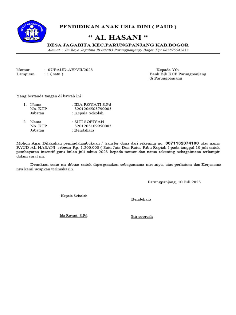 CONTOH - SI - INSENTIF Paud 2 | PDF