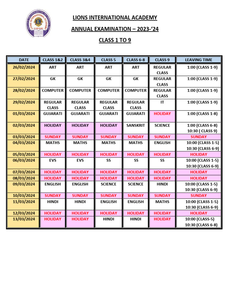 Annual Exam Schedule (2023-'24) | PDF