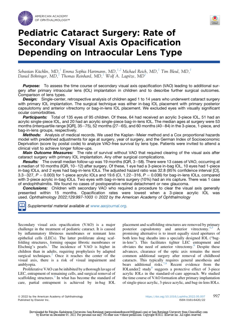 Pediatric Cataract Surgery Rate Of Secondary Visual Axis