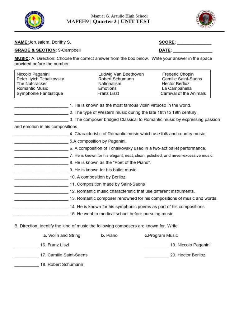 Studentcopy Q3 Mapeh Unit-Test | PDF | First Aid | Wound