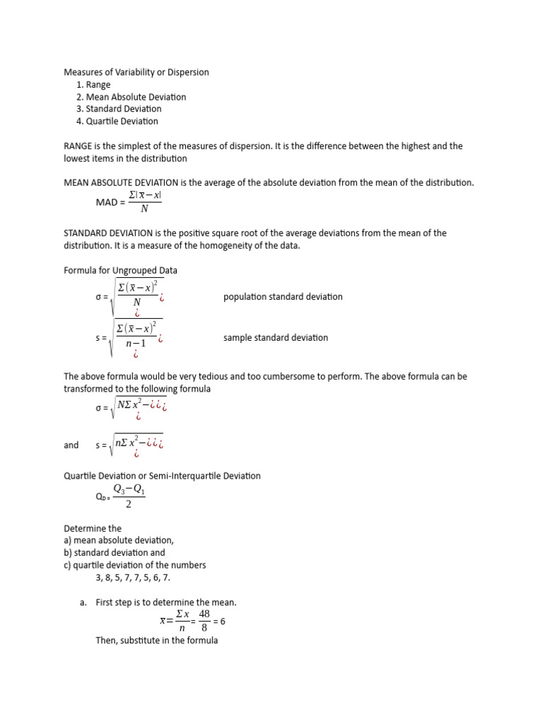 Lesson 4 Measures Of Variability Or Dispersion Pdf Standard