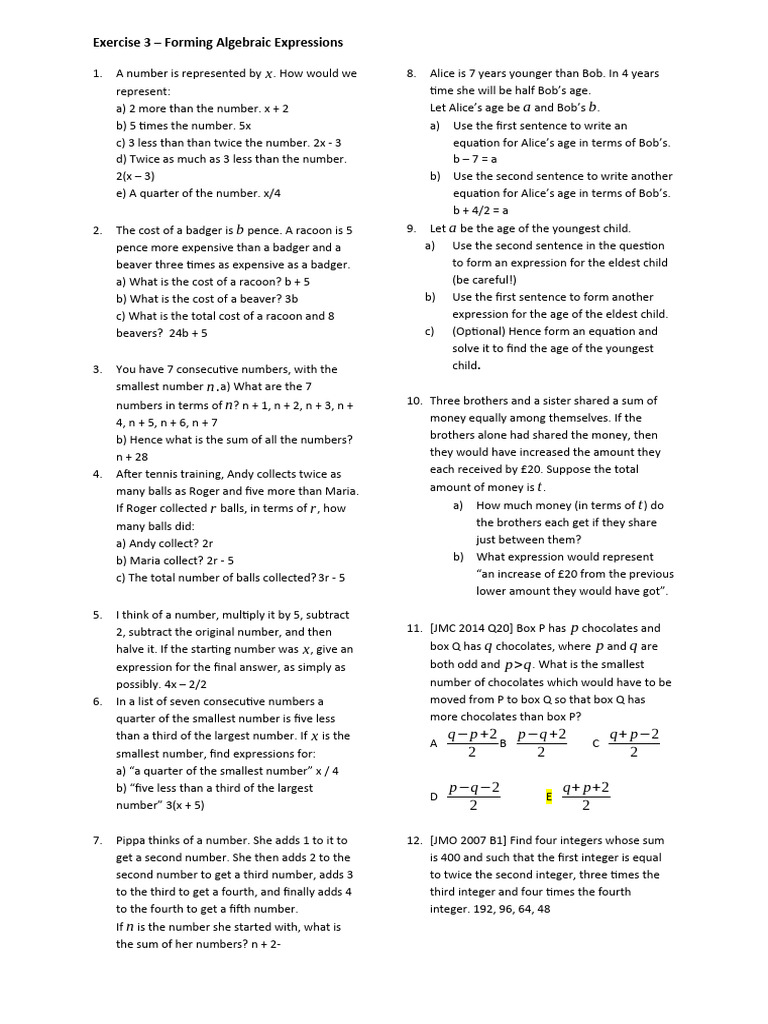 Yr7 FormingAlgebraicExpressions Ex3 | PDF | Discrete Mathematics | Abstract Algebra
