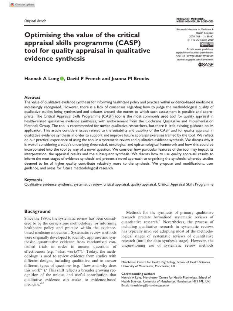 Long Et Al 2020 Optimising The Value of The Critical Appraisal Skills Programme (Casp) Tool For ...