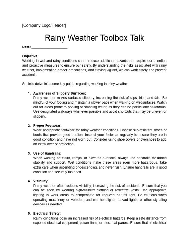 Rainy Weather Toolbox Talk | PDF | Occupational Safety And Health | Safety
