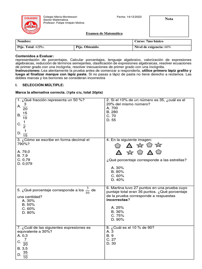 Examen de Matemáticas 7mo Básico | PDF | Ecuaciones | Porcentaje
