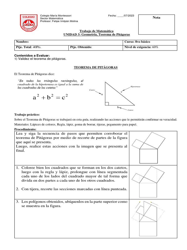 Trabajo 8vo Basico Teorema de Pitágoras | PDF | Geometría | Geometría ...