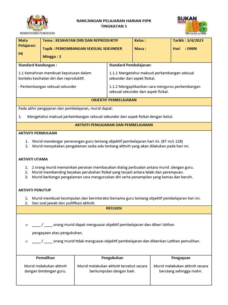 RPH PJPK Ting 1 2024 M2 (PK) - Perkembangan Seksual Sekunder | PDF