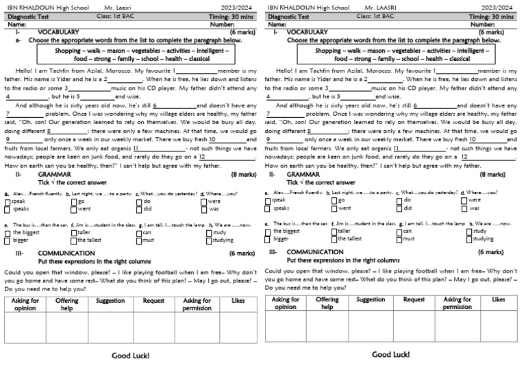 1 Bac Diagnostic Test 08 | PDF