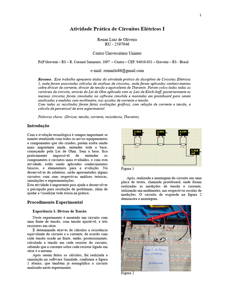 Relatório Atividade Prática de Circuítos Elétricos I | PDF | Rede elétrica | Resistor