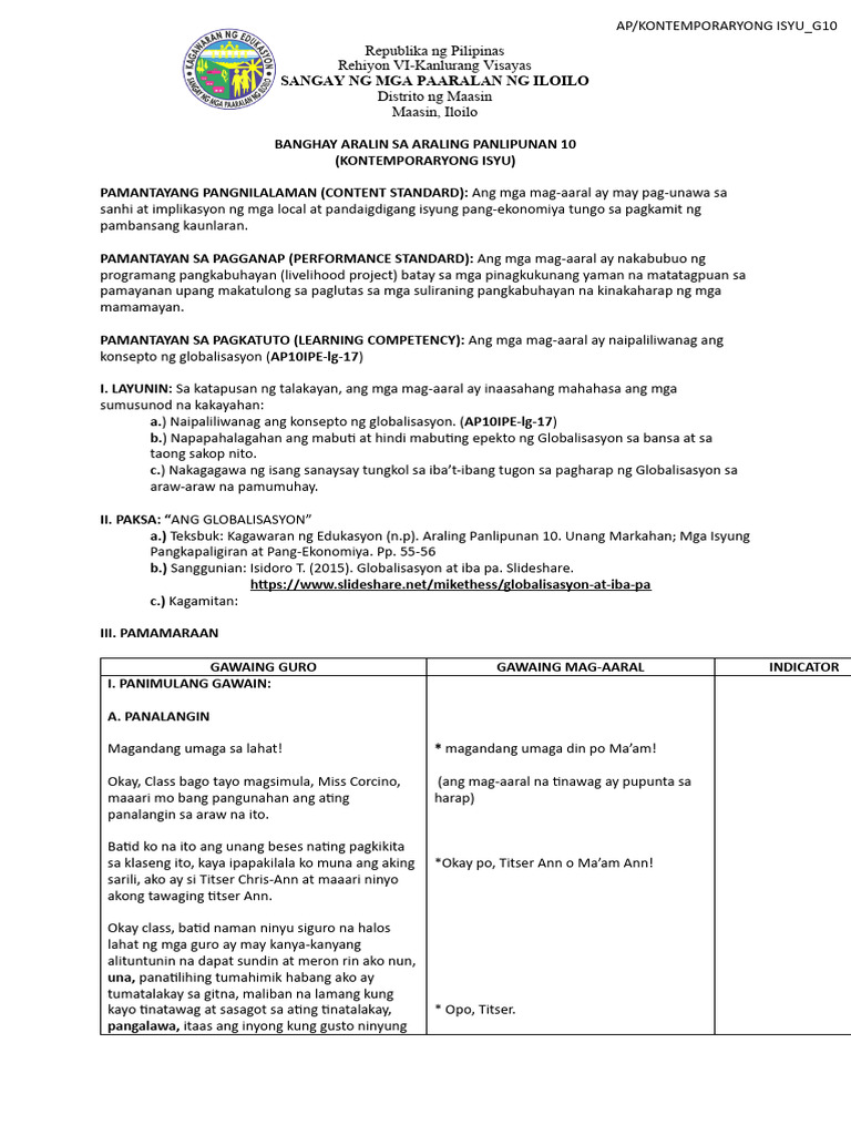 Banghay Aralin Sa Araling Panlipunan 10 (Chris-Ann) | PDF