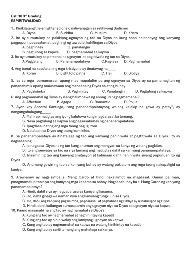 Quiz 3rd Grading 10 Espiritwalidad | PDF