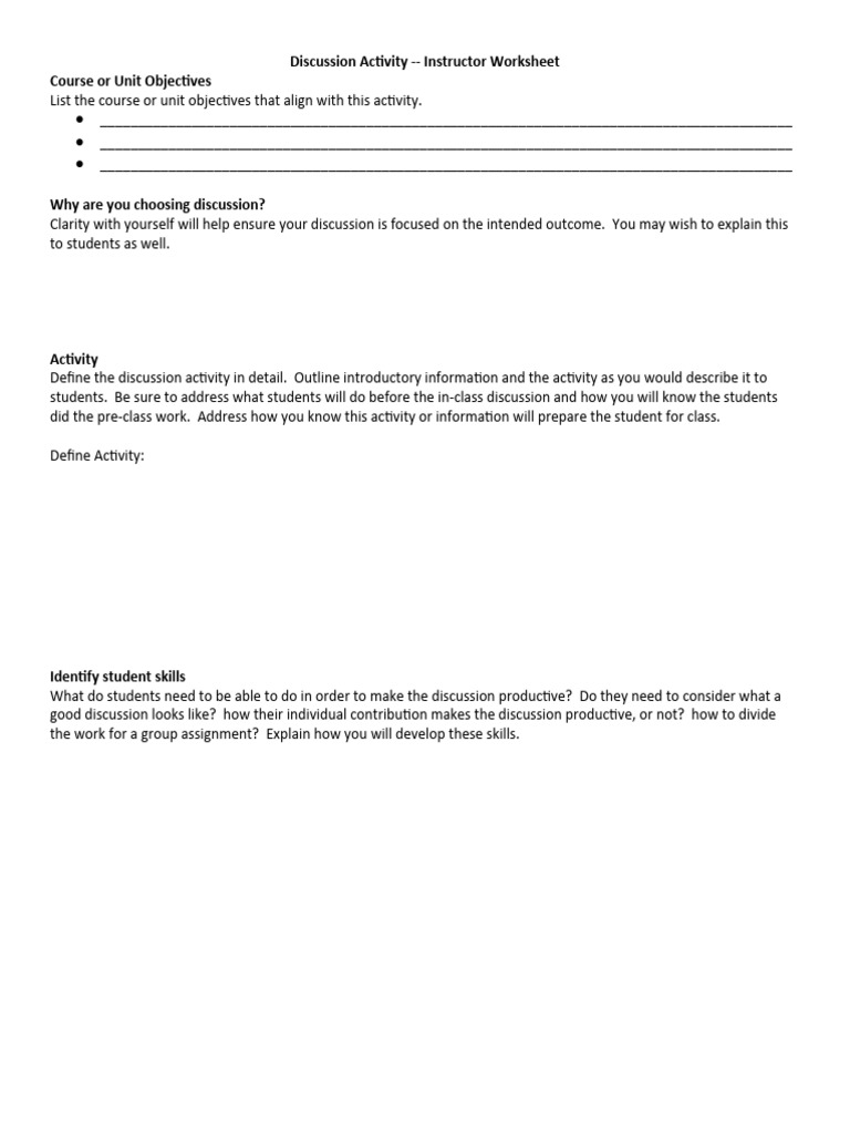 Discussion Design Worksheet Instructor | PDF
